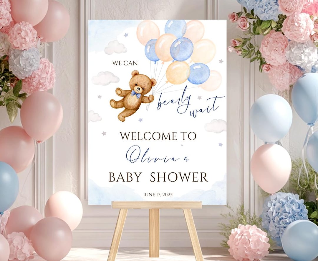 Teddy Bear Welcome Sign Editable Template We Can Bearly Wait Boy Baby ...