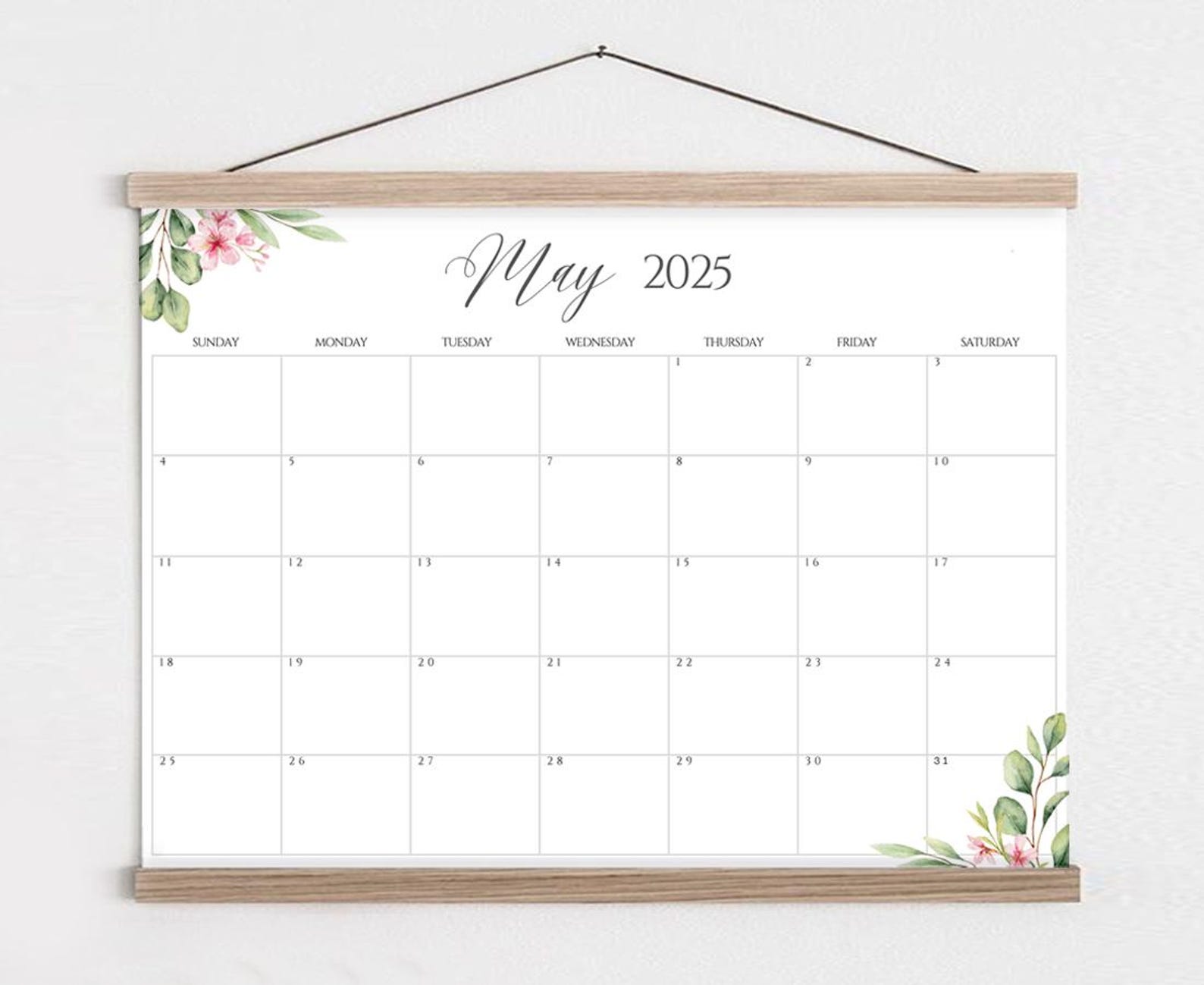 Editable May 2025 Calendar Monthly Planner Watercolor Flower Horizontal ...
