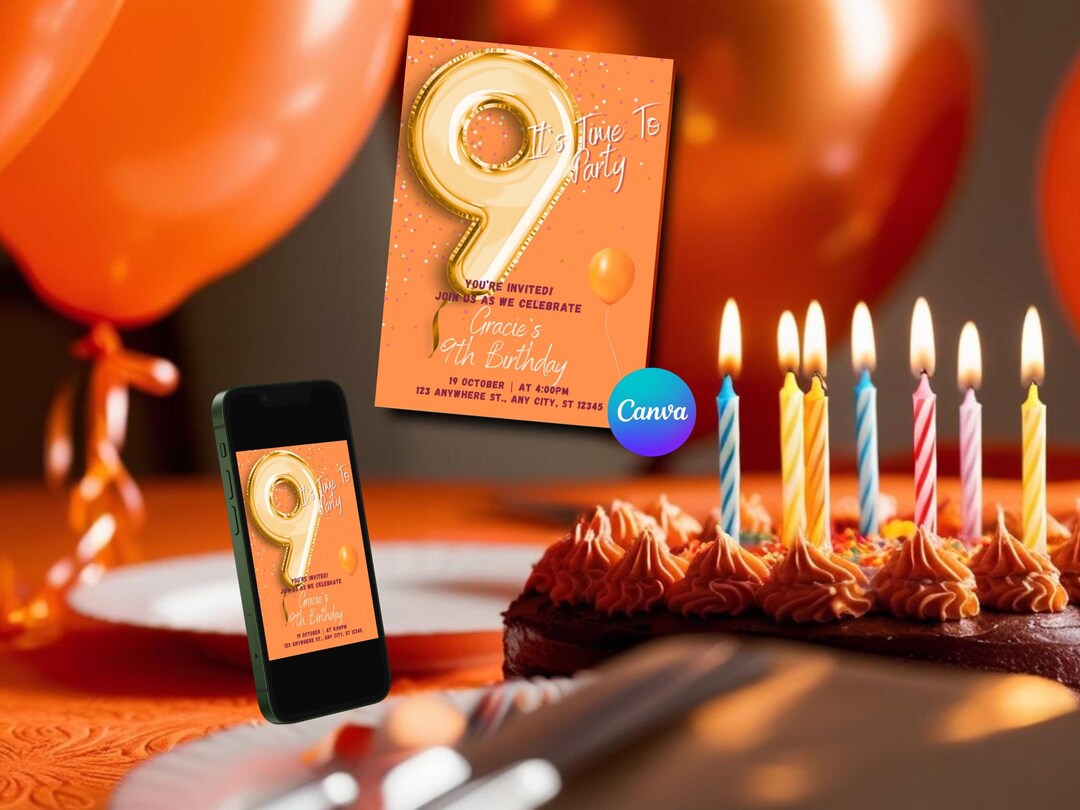 Editable Orange 9th Birthday Invitation Template Confetti Birthday ...