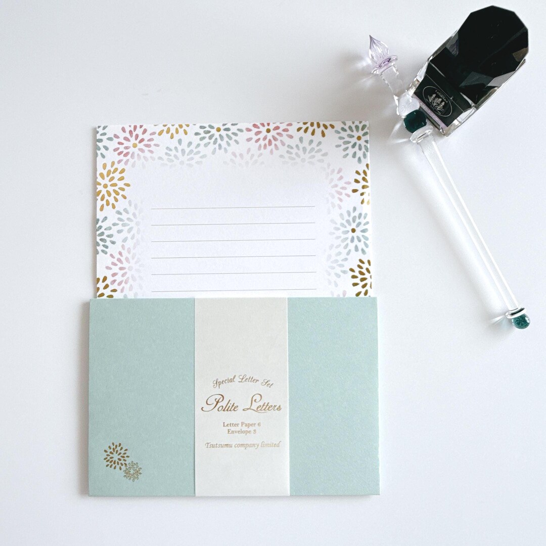 Polite Letter Set – Blue Green Flower | Gold Foil Floral | Japanese ...