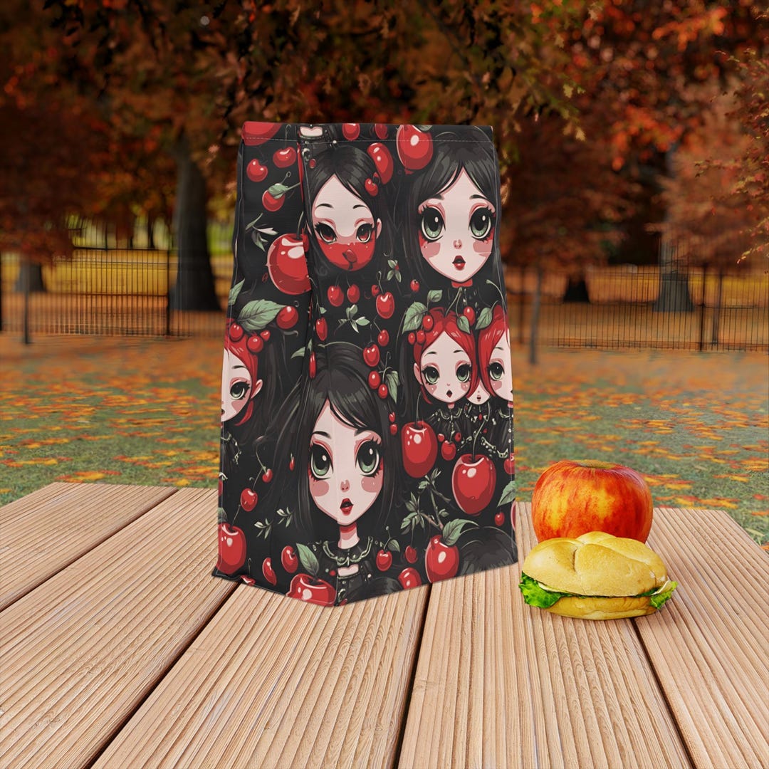 Roll Top Lunch Bag Goth Girl Cherry Design Insulated Soft Sided Lunch ...