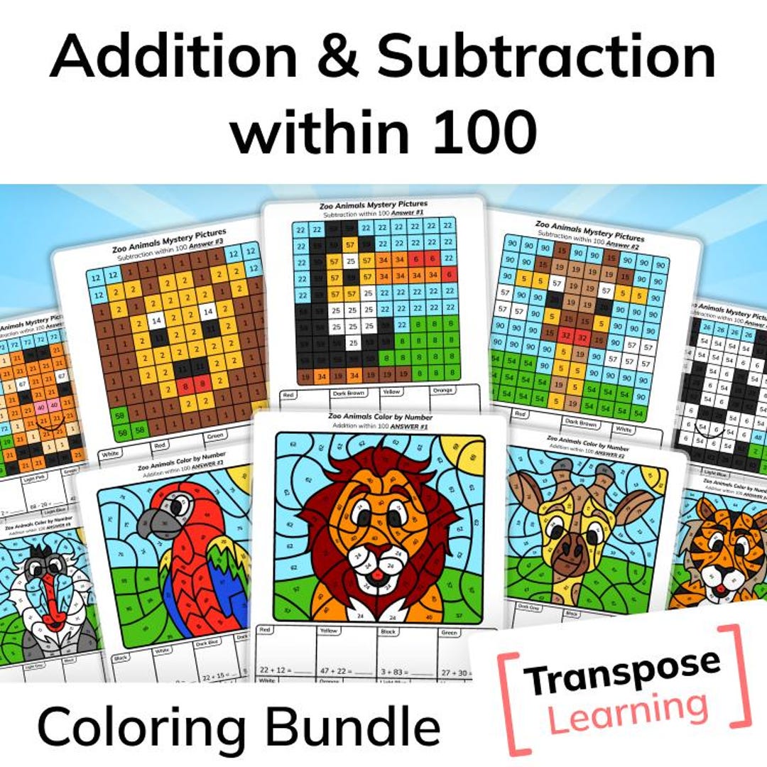 Addition and Subtraction Within 100 | Zoo Animals Math Coloring Bundle ...