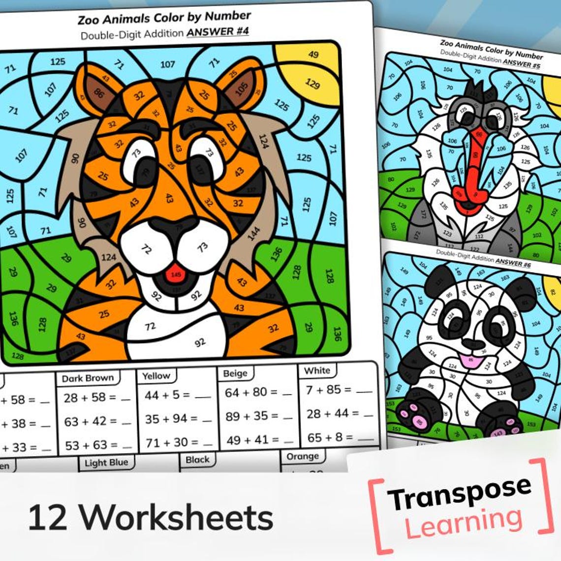 Double Digit Addition and Subtraction | Zoo Animals Math Color by ...