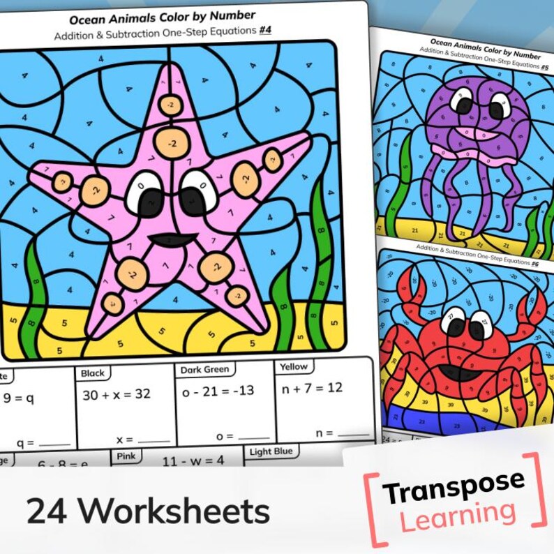 Solving One-step Equations | Ocean Animals Math Coloring Bundle - Etsy
