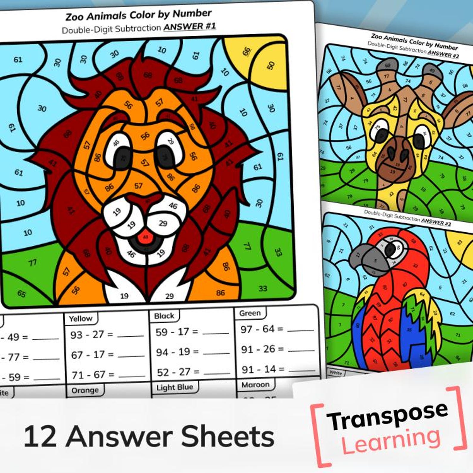 Double Digit Addition and Subtraction | Zoo Animals Math Color by ...