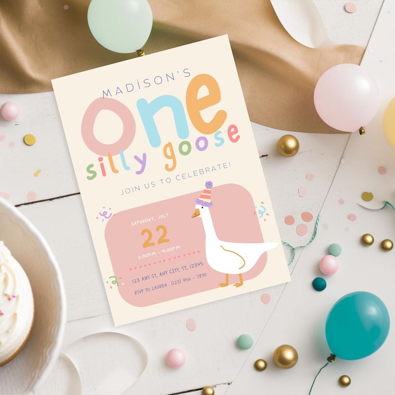 One Silly Goose Birthday Printable Invitation, Editable 1st Birthday ...