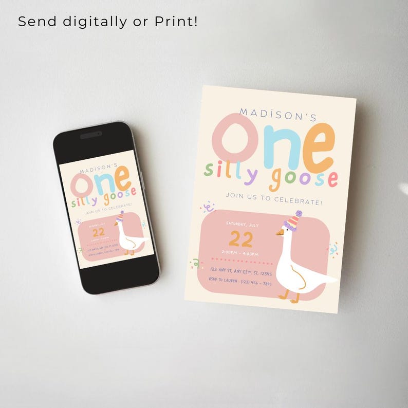 One Silly Goose Birthday Printable Invitation, Editable 1st Birthday ...