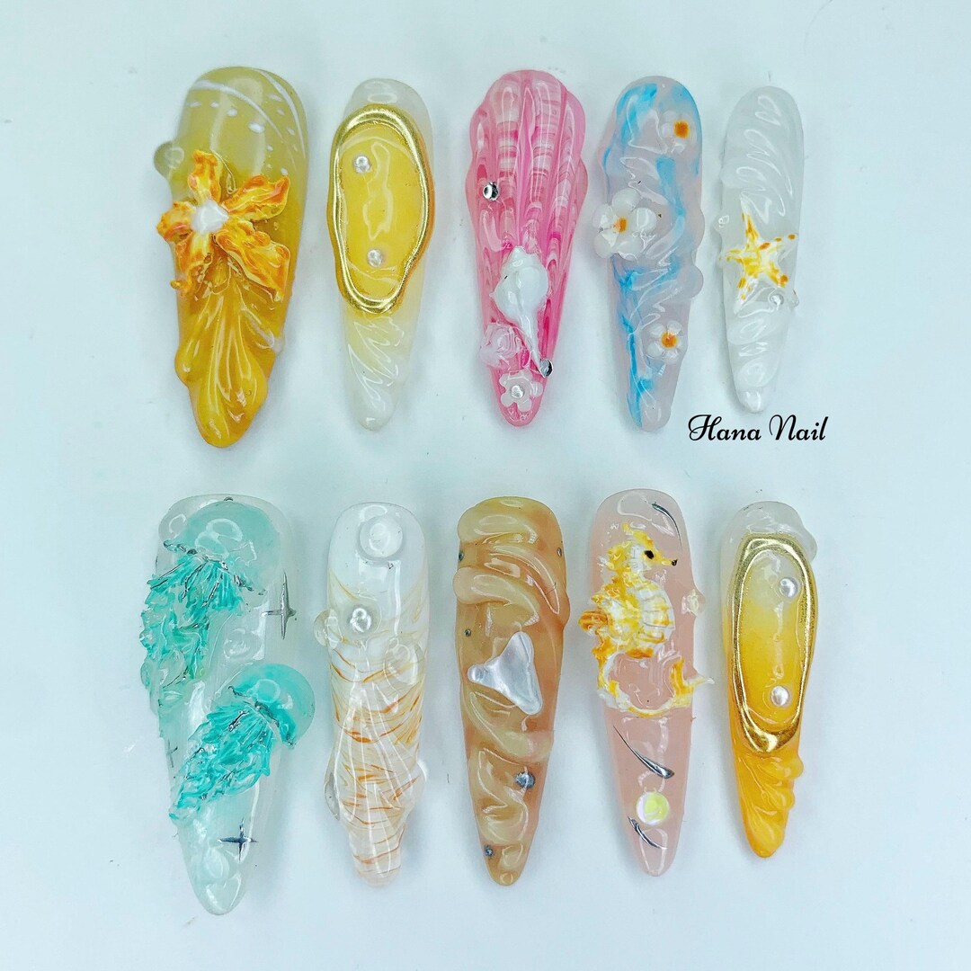 Summer Ocean Nails | 3D Sea Animal Press on Nails | Beach Mermaid Nail ...