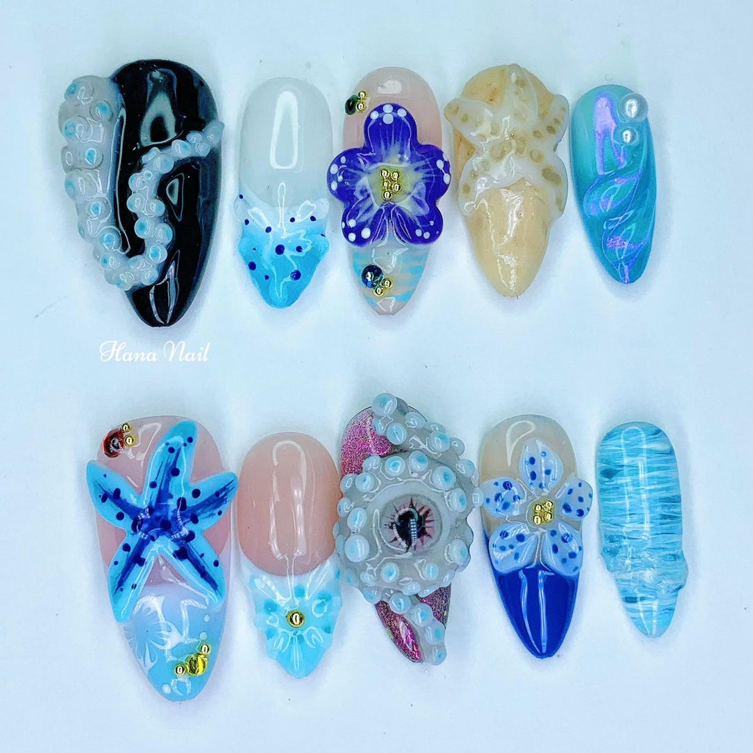 Ocean Theme Press on Nails | 3D Sea Flower & Octopus Nail Art | Blue ...