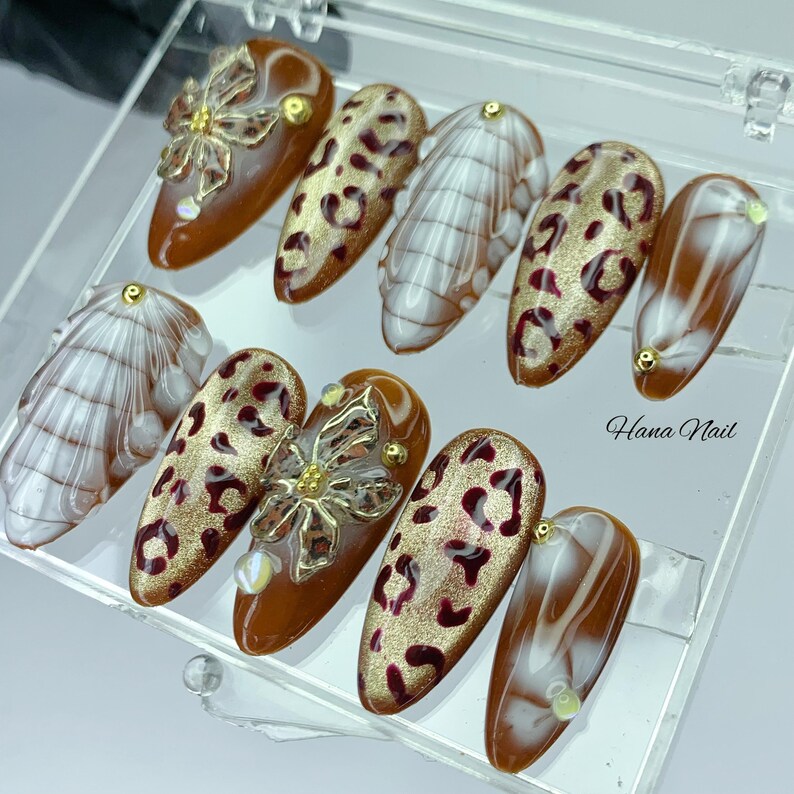 Luxury Cat Eye Press on Nails Set – Brown Gold Leopard Print Fake Nails ...