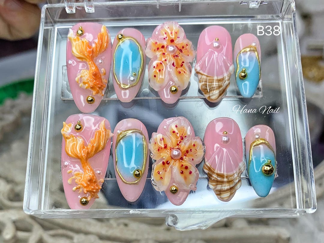 3D Lily Mermaid Goldfish Ocean Beach Summer Pink Blue Orange Press on ...