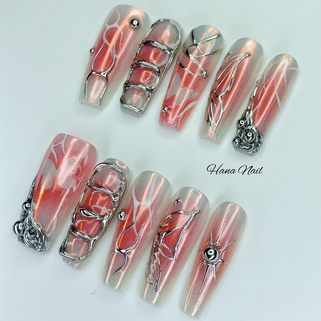 Metallic Coral Chrome Press on Nails | 3D Silver Line Abstract Design ...