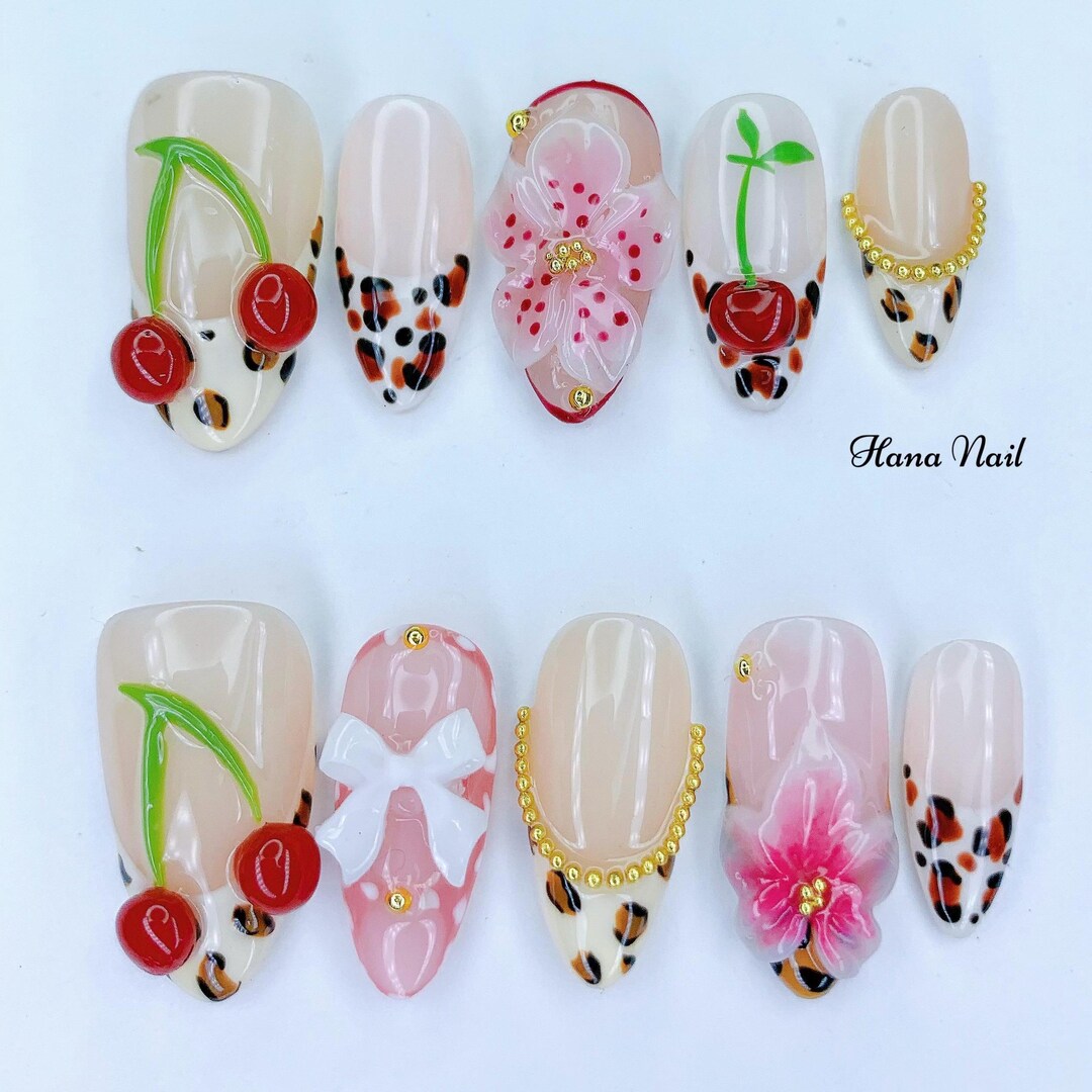Cherry Leopard Press on Nails | Cute 3D Bow & Flower Nail Art | Medium ...