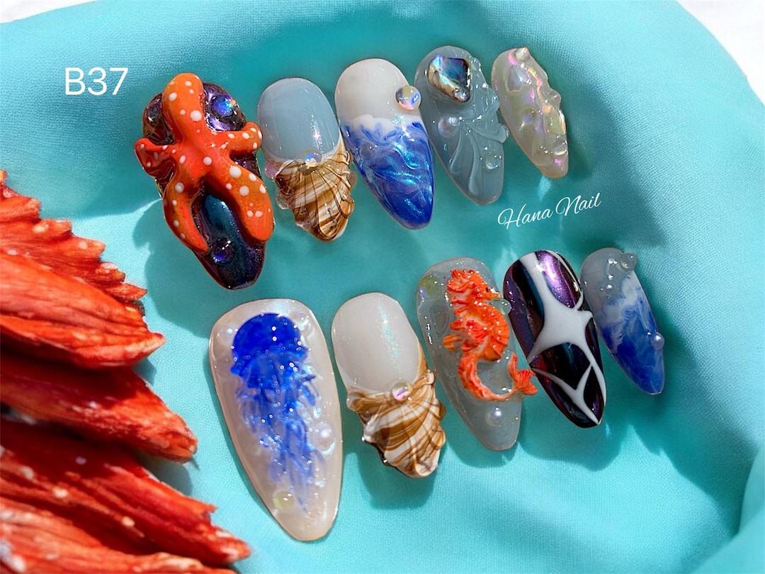 Ocean 3D Press on Nails: Sea Creature Mermaid Shell Nail Art - Etsy