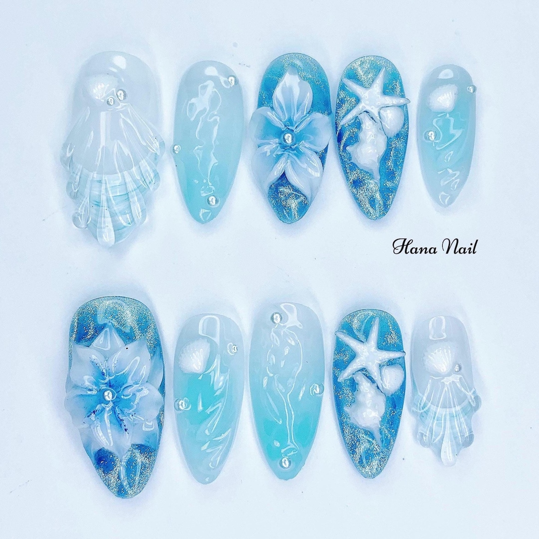 Ocean Blue 3D Beach Nails – Handmade Summer Press on Nails With Shell ...