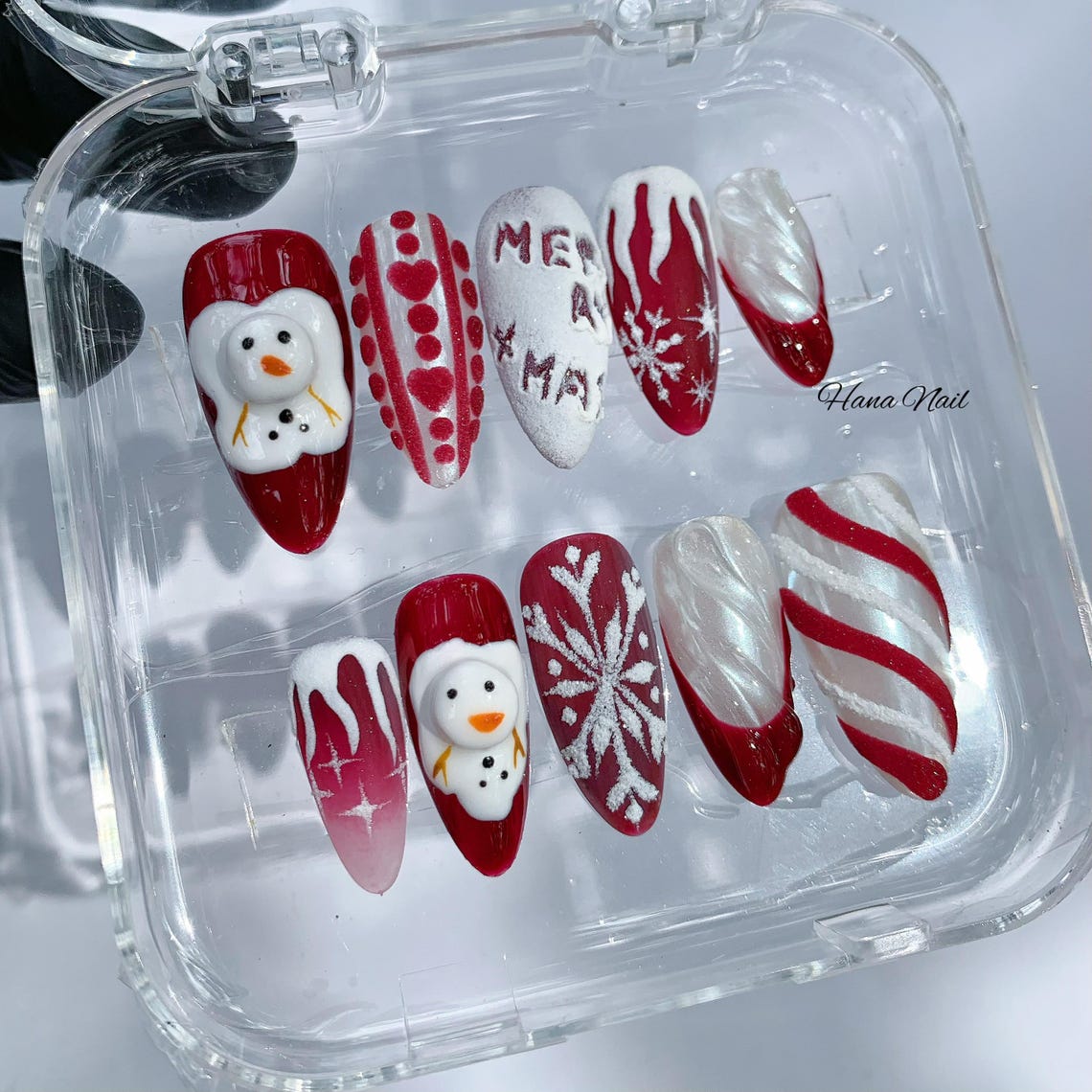 Red White Christmas Nails | Snowflake 3D Snowman Press on Nails ...