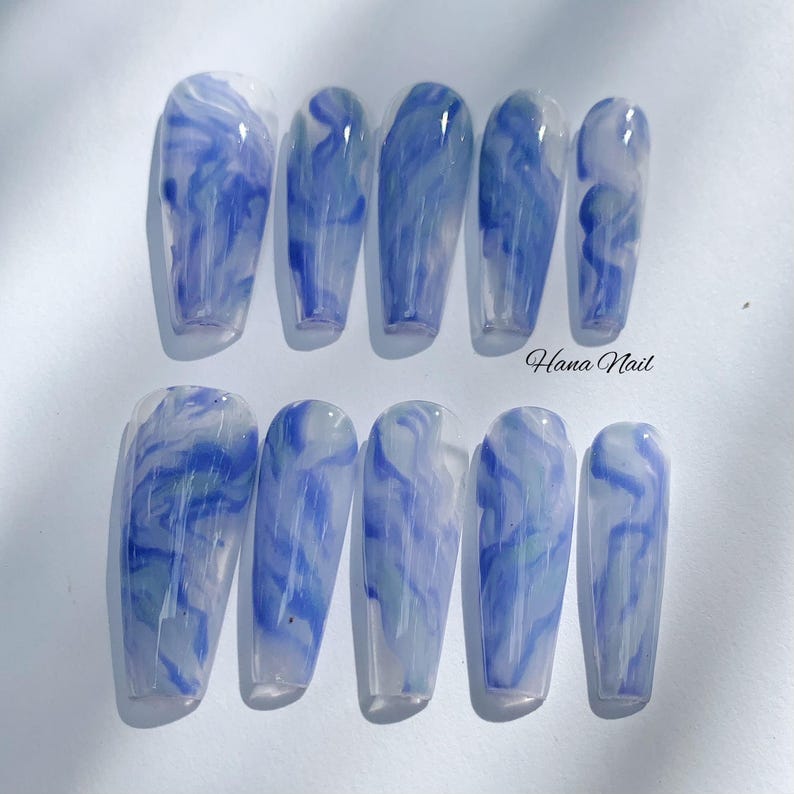 Blue Marble Press on Nails | Handmade Gel Nail Art | Long Coffin Fake ...