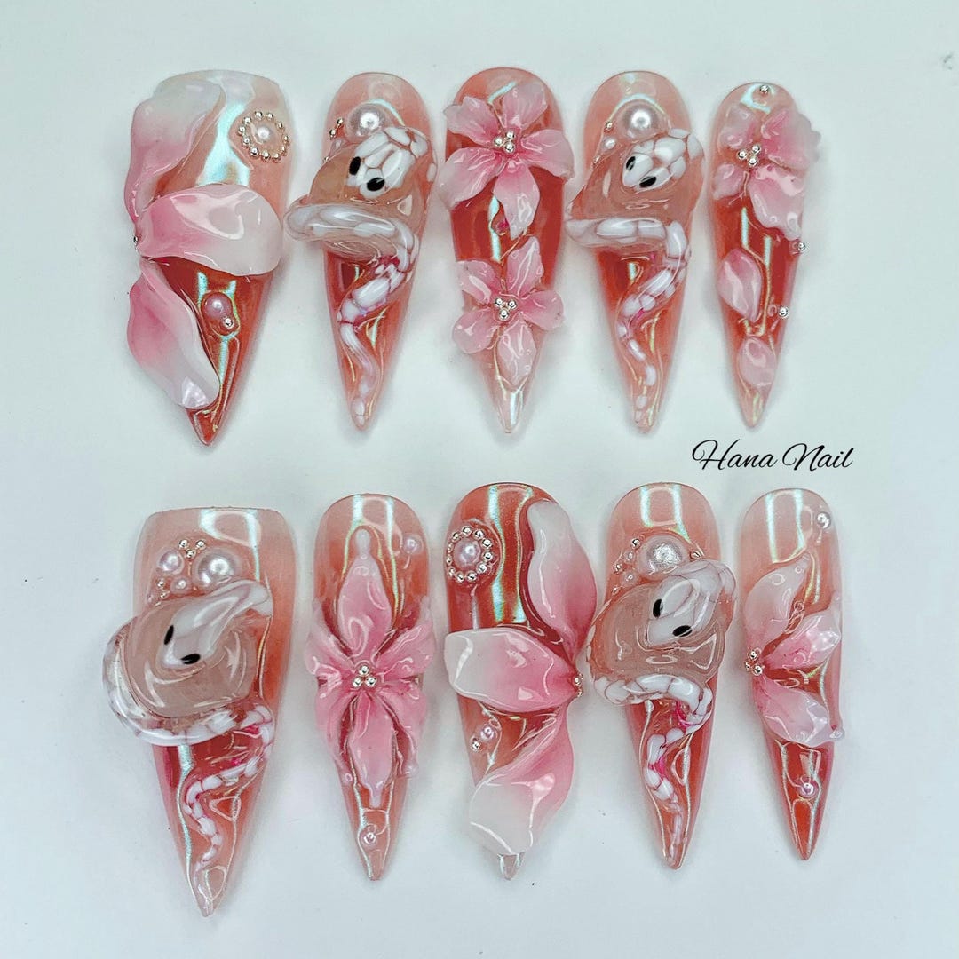3D Snake and Lily Press on Nails | Pink Sakura & Pearl Nail Art | Long ...