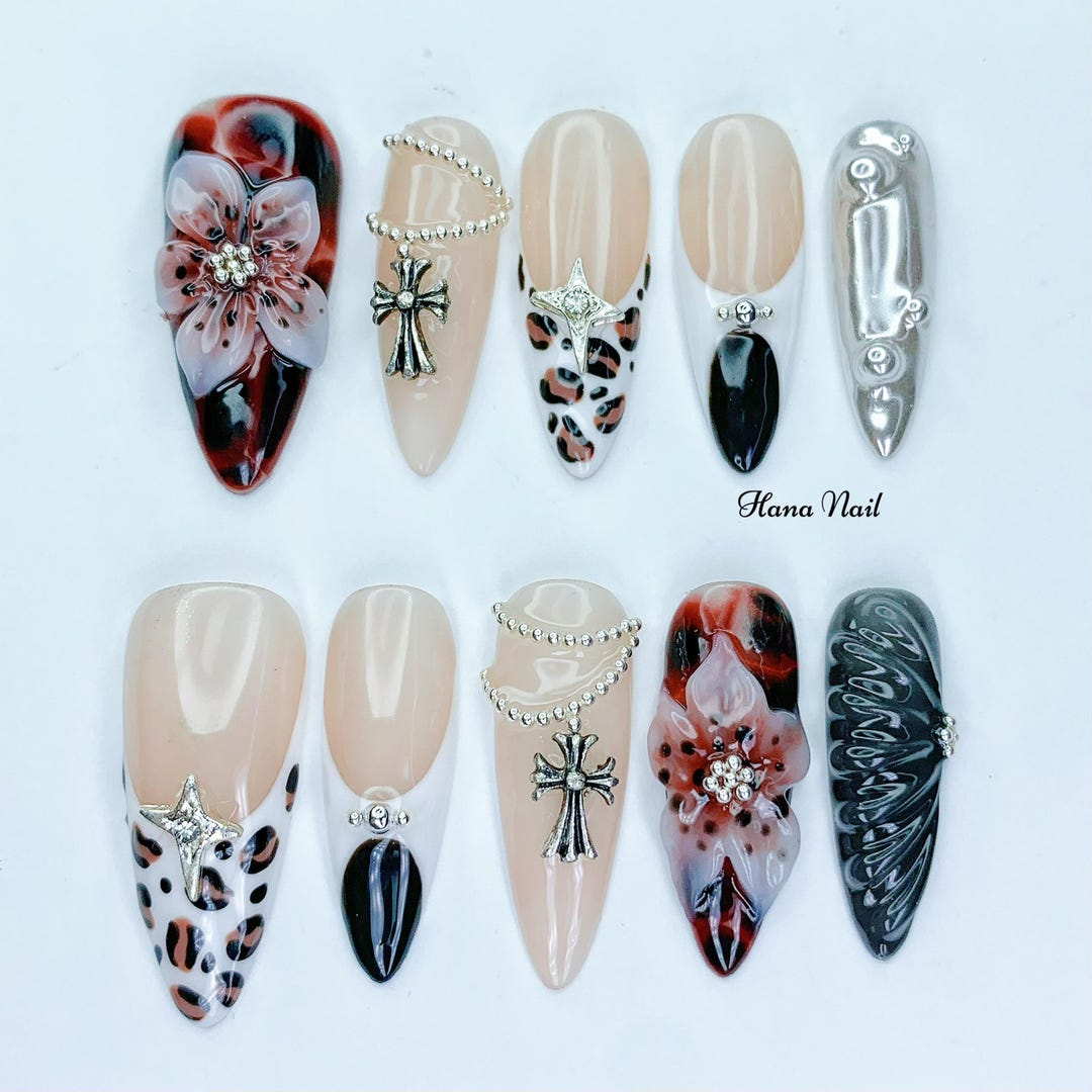 Y2K Gothic Press on Nails – Black Red Chrome Nails With Cross Charms ...