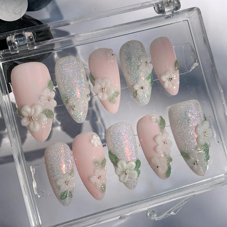 White Floral Press on Nails, Pink Glitter Almond Nails, 3D Daisy Flower ...