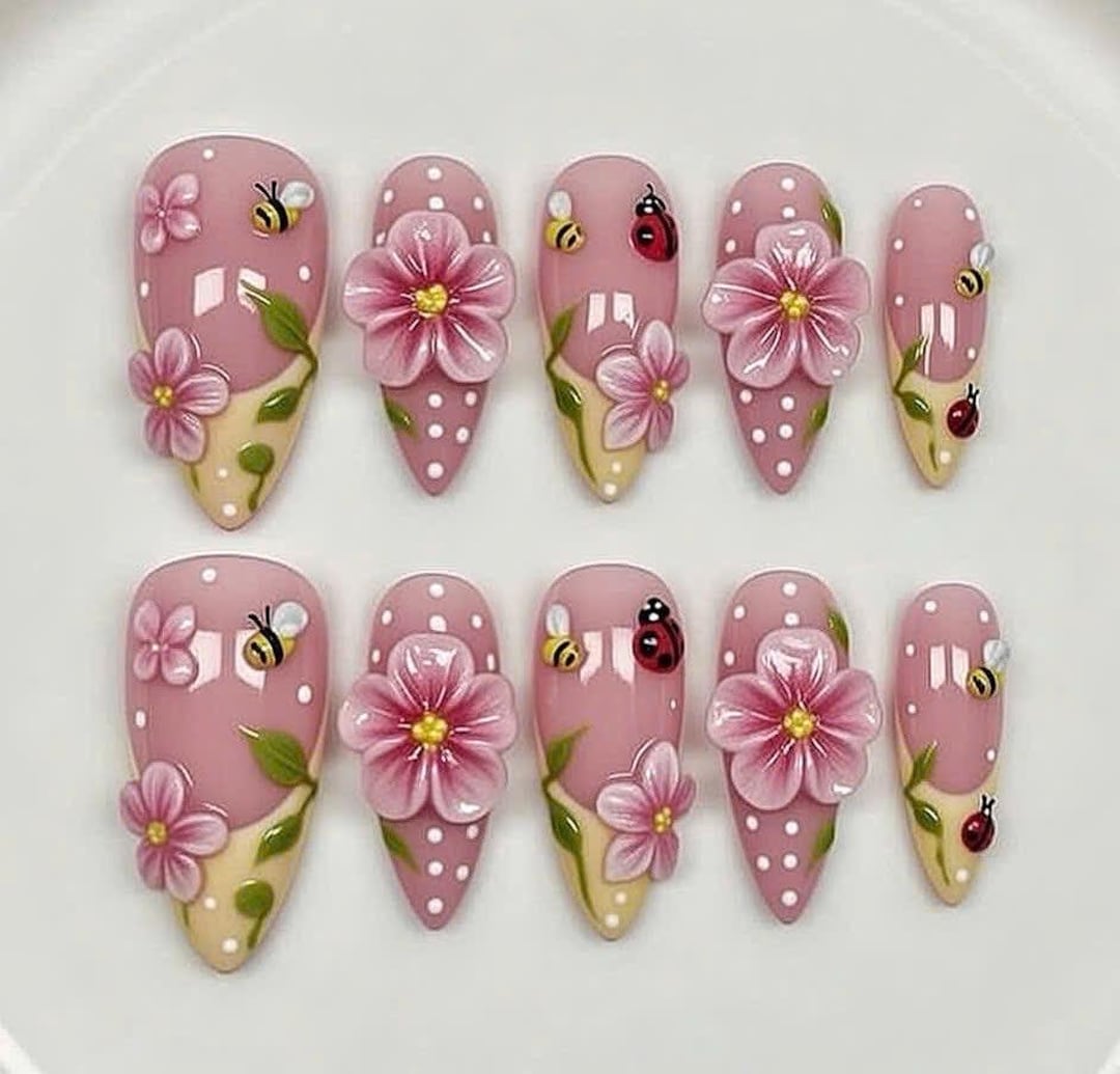 Press on Nails Ladybug Bee 3D Floral | Pink Polka Dot Garden Fake Nails ...
