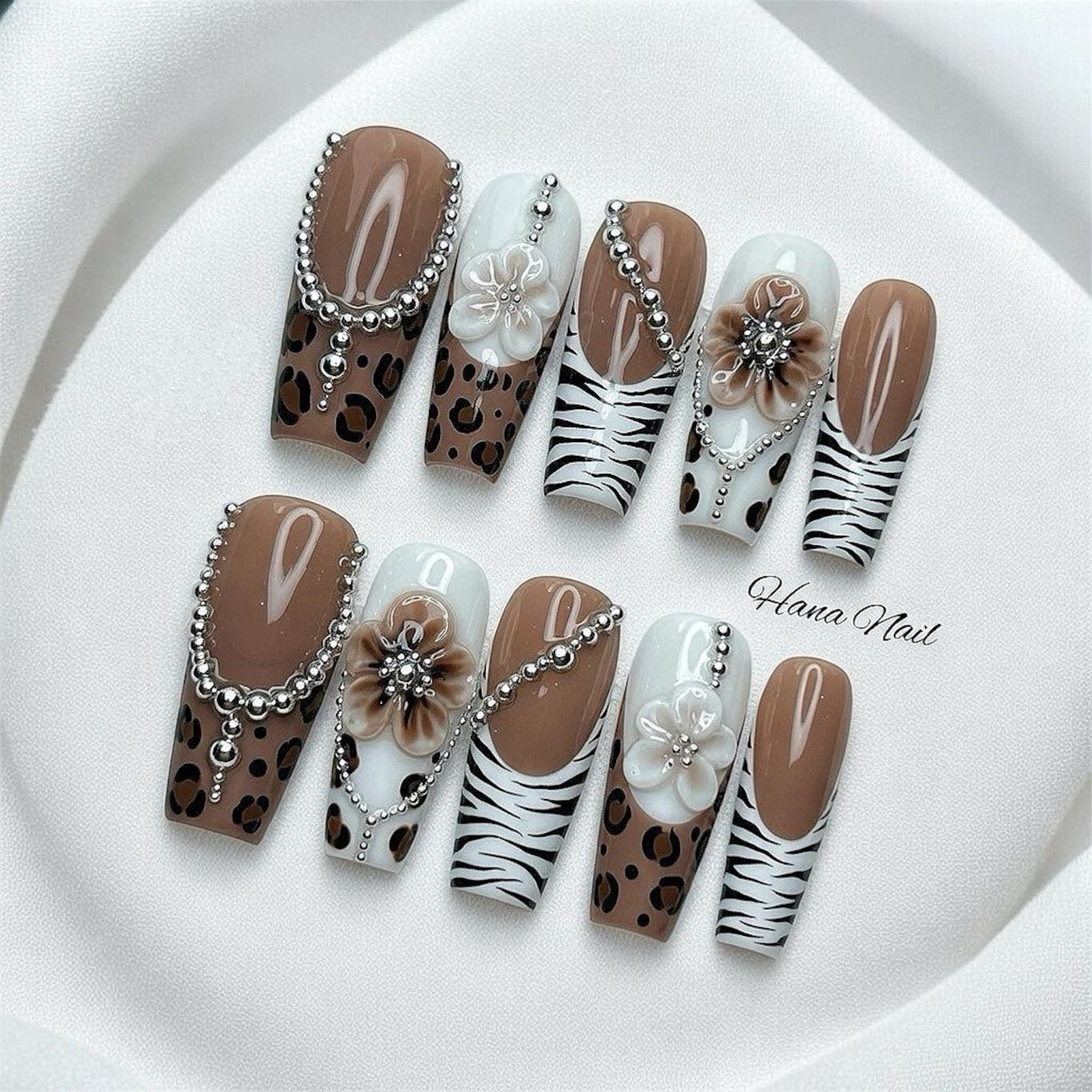Leopard Zebra Press on Nails – Brown Mocha 3D Flower Bling Nails – Glam ...