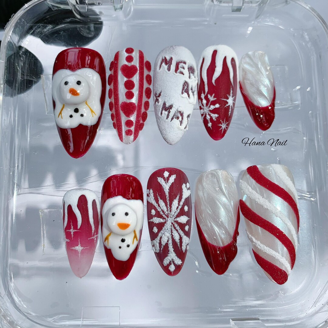 Red White Christmas Nails | Snowflake 3D Snowman Press on Nails ...