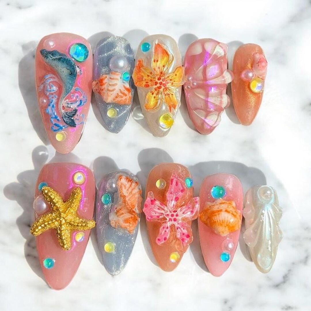 Ocean Theme 3D Nail Set - Sea Creature Nails, Starfish, Jellyfish ...