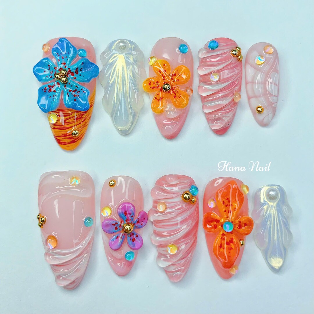 3D Shell Pattern Pink Nails With Green and Orange Lily Flowers, Mirror ...