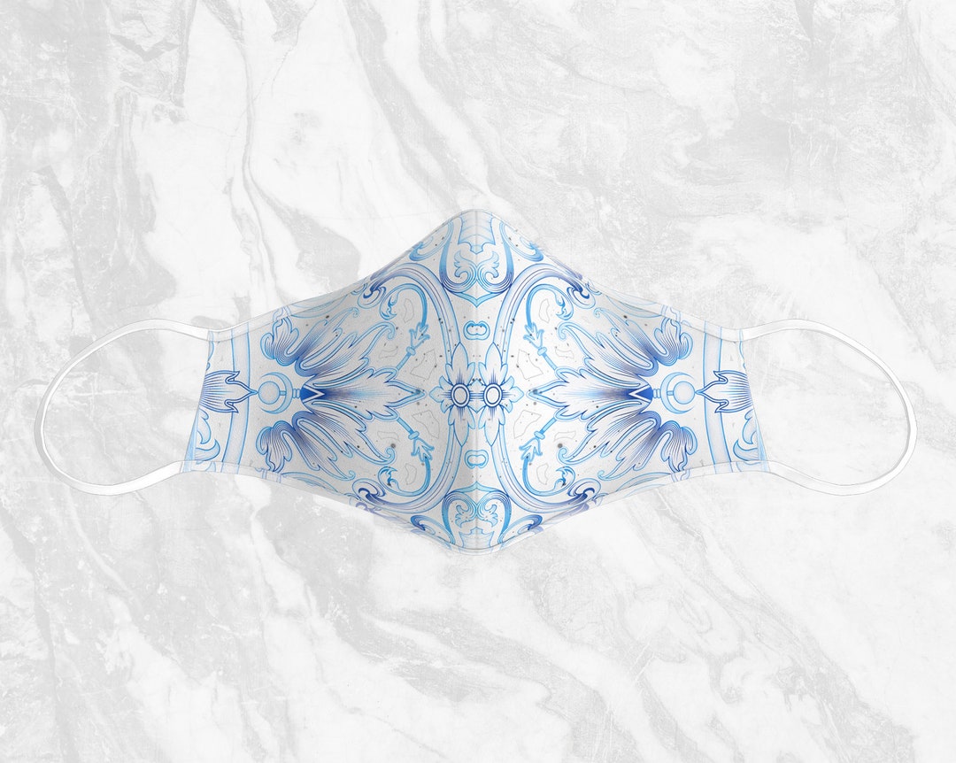 Face Mask | Blue & White | Geometric Art Printed Washable Fashion Cloth ...
