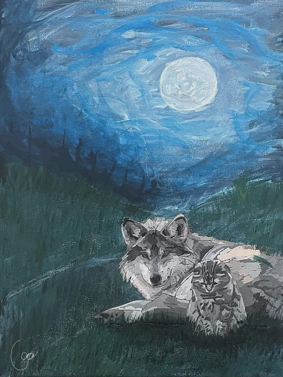 Full Moon Wolf and Cat Mixed Media Art Print - Etsy