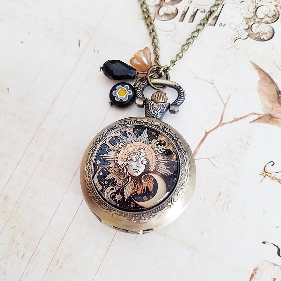 Sun and Moon Lady Pocket Watch Necklace, Vintage Glass Beads, Bronze ...