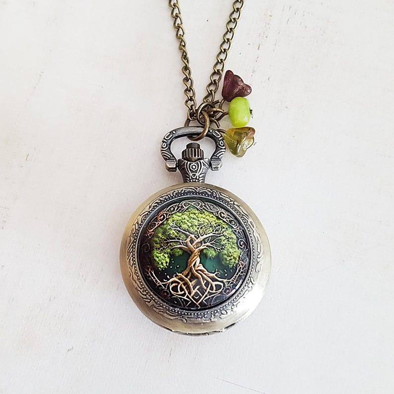 Tree of Life Pocket Watch Necklace, Vintage Glass Flowers, Bronze ...