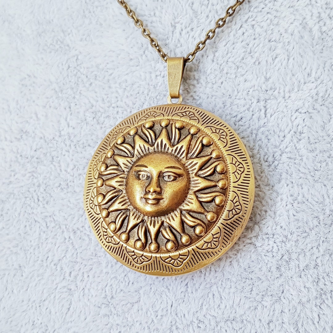Big Antique Gold Sun Face Locket, Large Round Celestial Locket Necklace ...