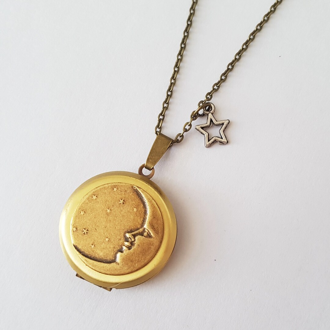 Moon and Star Locket in Bronze, Man in the Moon, Choose Your Length - Etsy