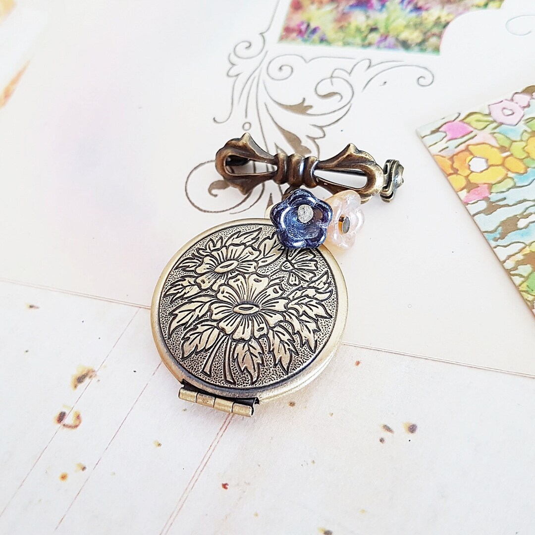 Vintage Bronze Round Locket Pin Brooch With Czech Glass Flower - Etsy