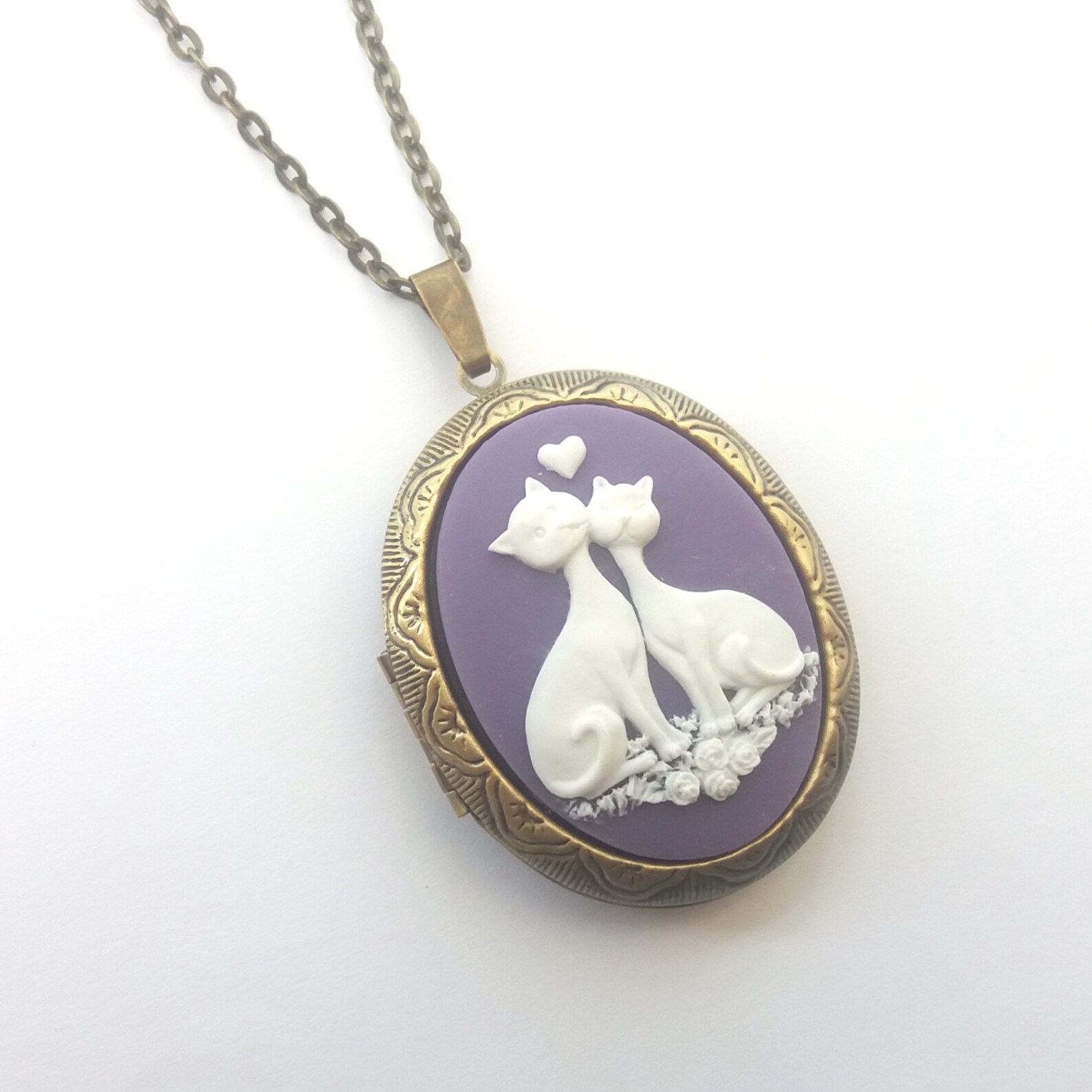 Love Cats Cameo Locket Necklace Loving Cat Couple Valentine - Etsy UK