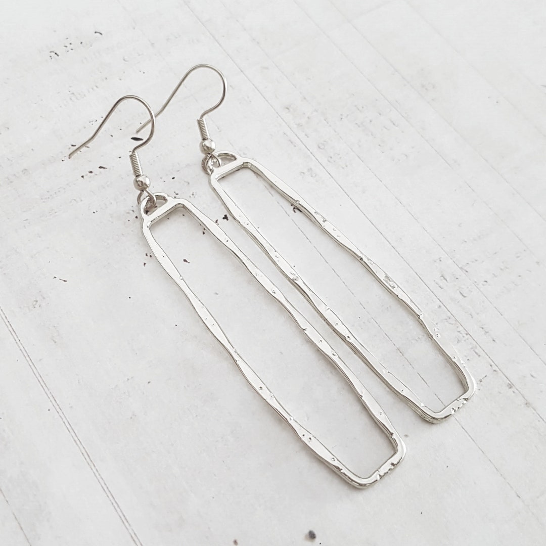 Silver Long Open Rectangle Hoop Earrings, Boho, Silver Filled or ...
