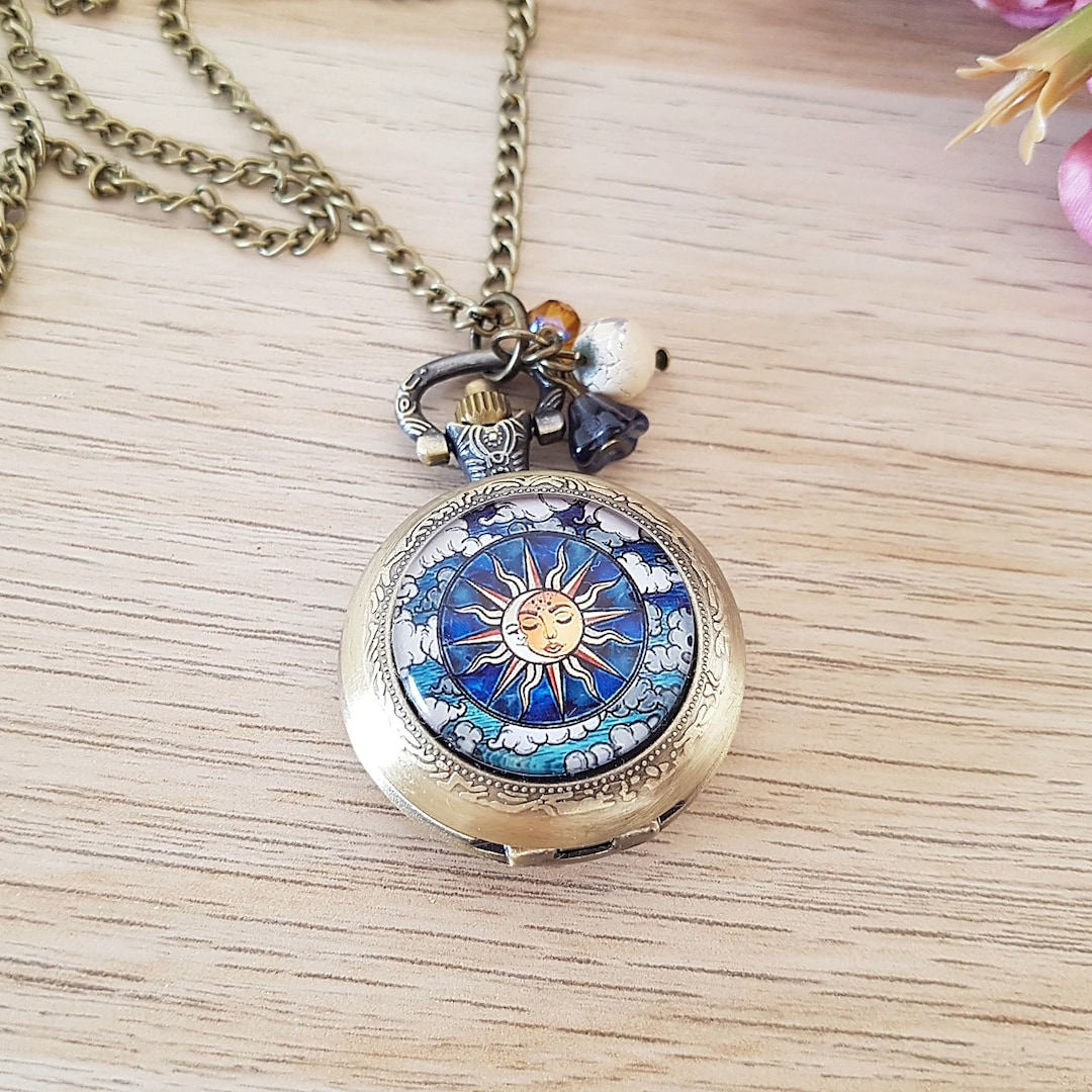 Sun, Moon and Clouds Pocket Watch Necklace, Bronze, Black or Silver ...