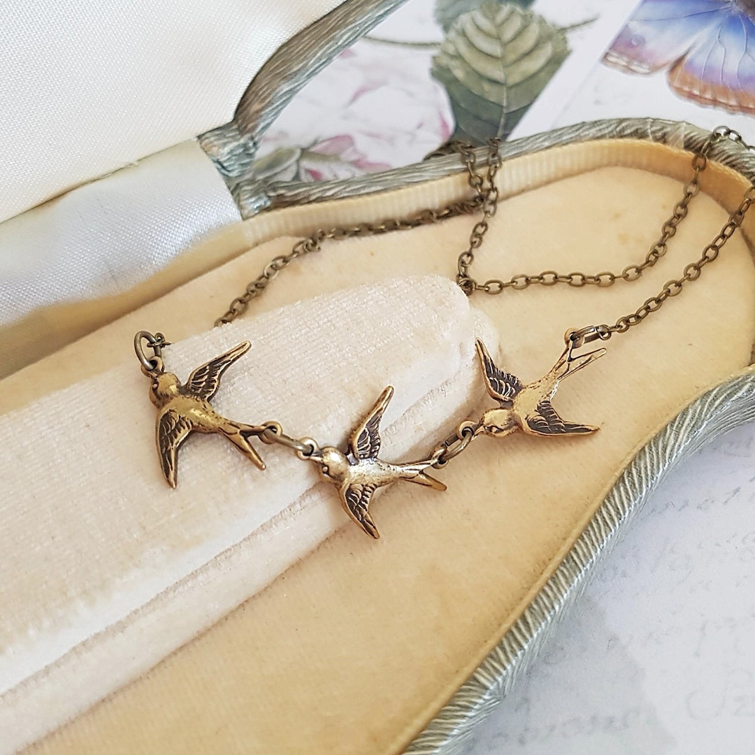 Three Little Birds Necklace in Antique Brass, Flying Bird Necklace ...