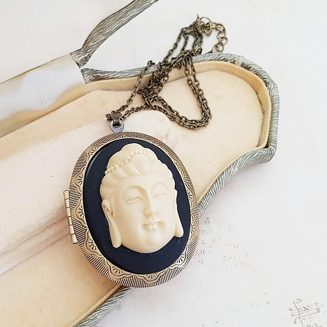 Buddha Cameo Locket, Black and Cream 3D Buddha Head Locket Necklace ...