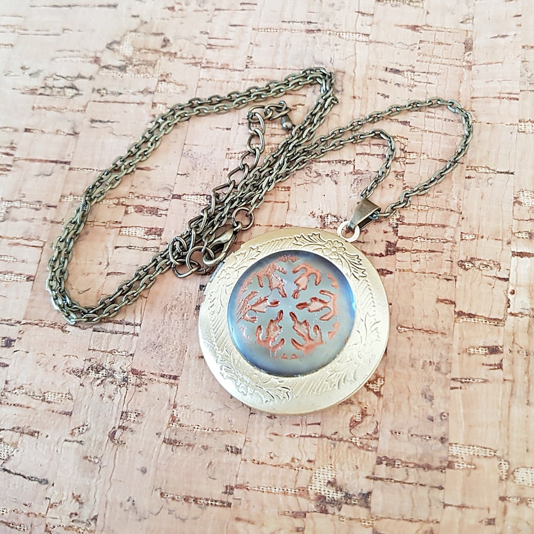 Snowflake Locket in Antique Bronze With Vintage Czech Glass Blue and ...