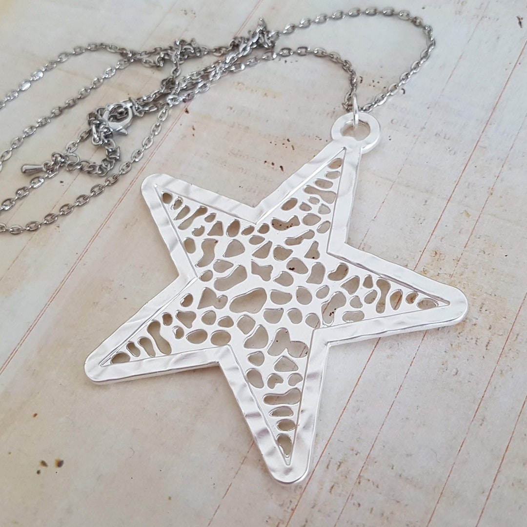 Big Silver Star Necklace, Large Star, Statement Necklace, Long Necklace ...