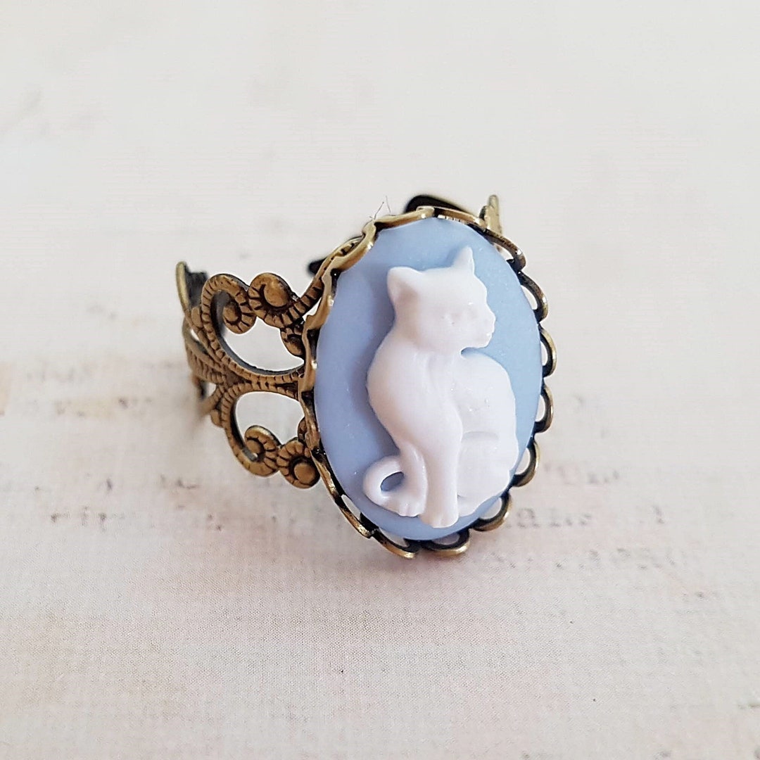 Cat Cameo Ring in Bronze, Filigree Light Periwinkle Blue and White ...