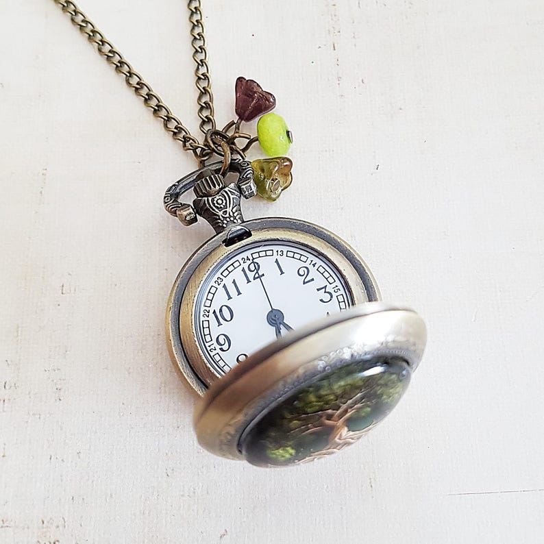 Tree of Life Pocket Watch Necklace, Vintage Glass Flowers, Bronze ...