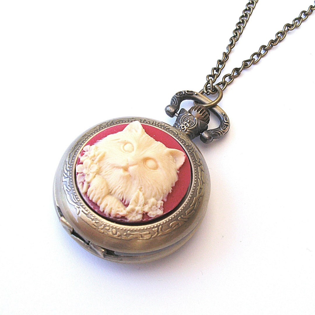 Red Cat Pocket Watch Necklace, Cat Pocketwatch Necklace, Cat Watch ...