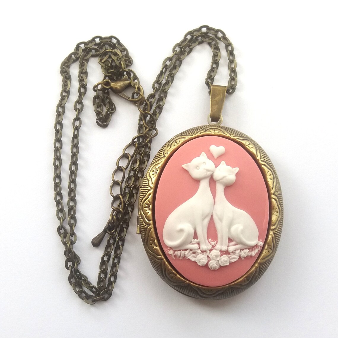 Love Cats Cameo Locket Necklace Loving Cat Couple Valentine - Etsy UK