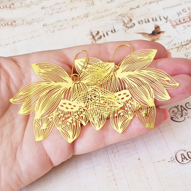 Big Gold Filigree Laser Cut Flower Earrings Delicate Modern - Etsy