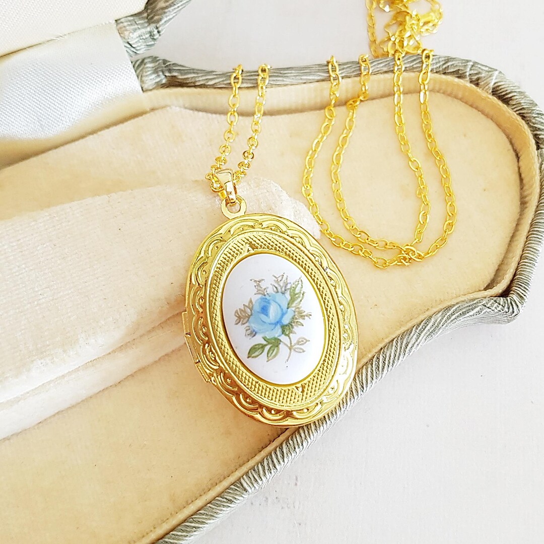 Blue Rose Locket Necklace in Gold, Vintage Porcelain Flower Cabochon ...
