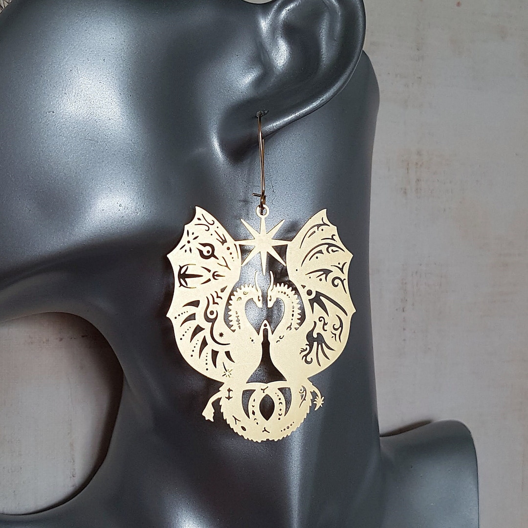 Big Gold Phoenix Earrings, Delicate Filigree Laser Cut Twin Double Bird ...